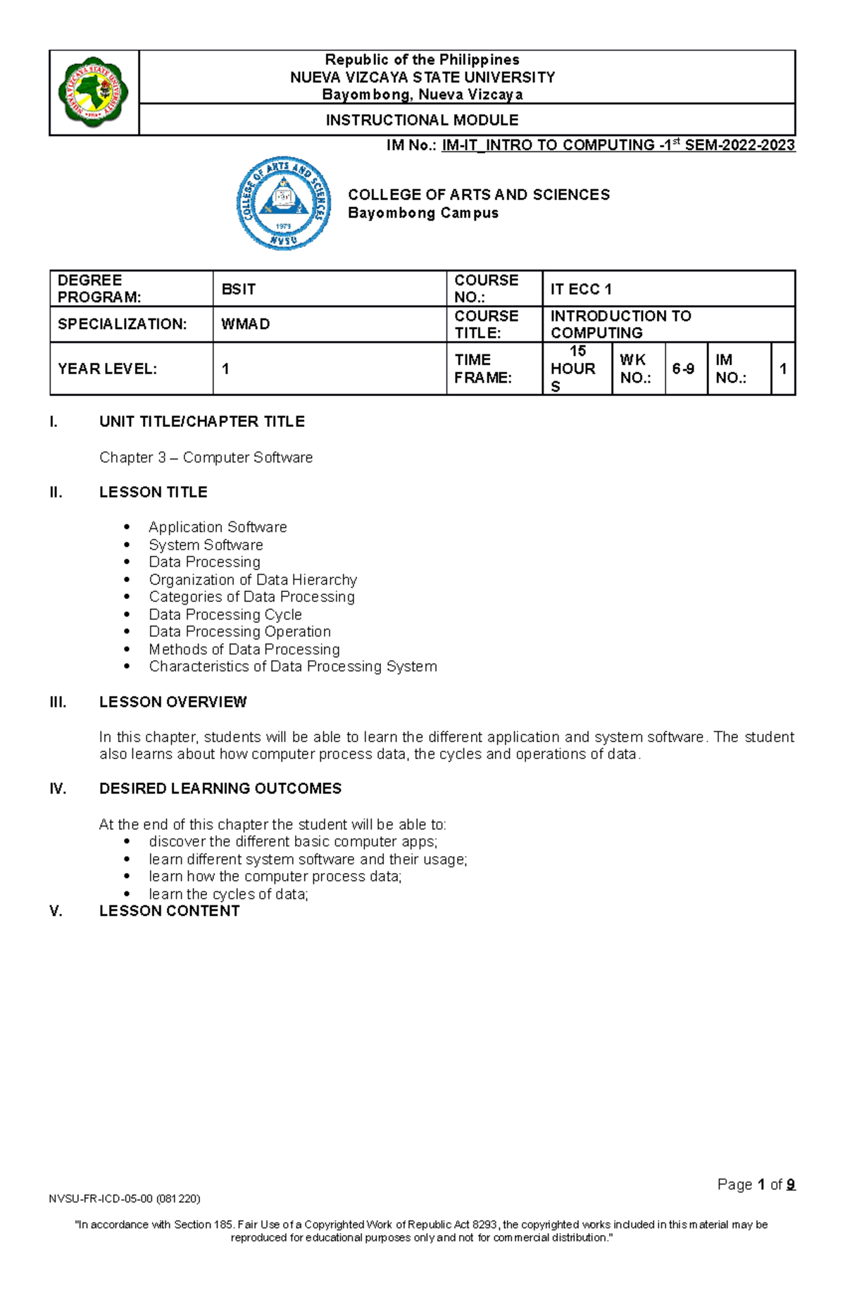 IM NVSU FR ICD 05 00 Intro to Computer Chap3 - Bayombong, Nueva Vizcaya INSTRUCTIONAL MODULE IM ...