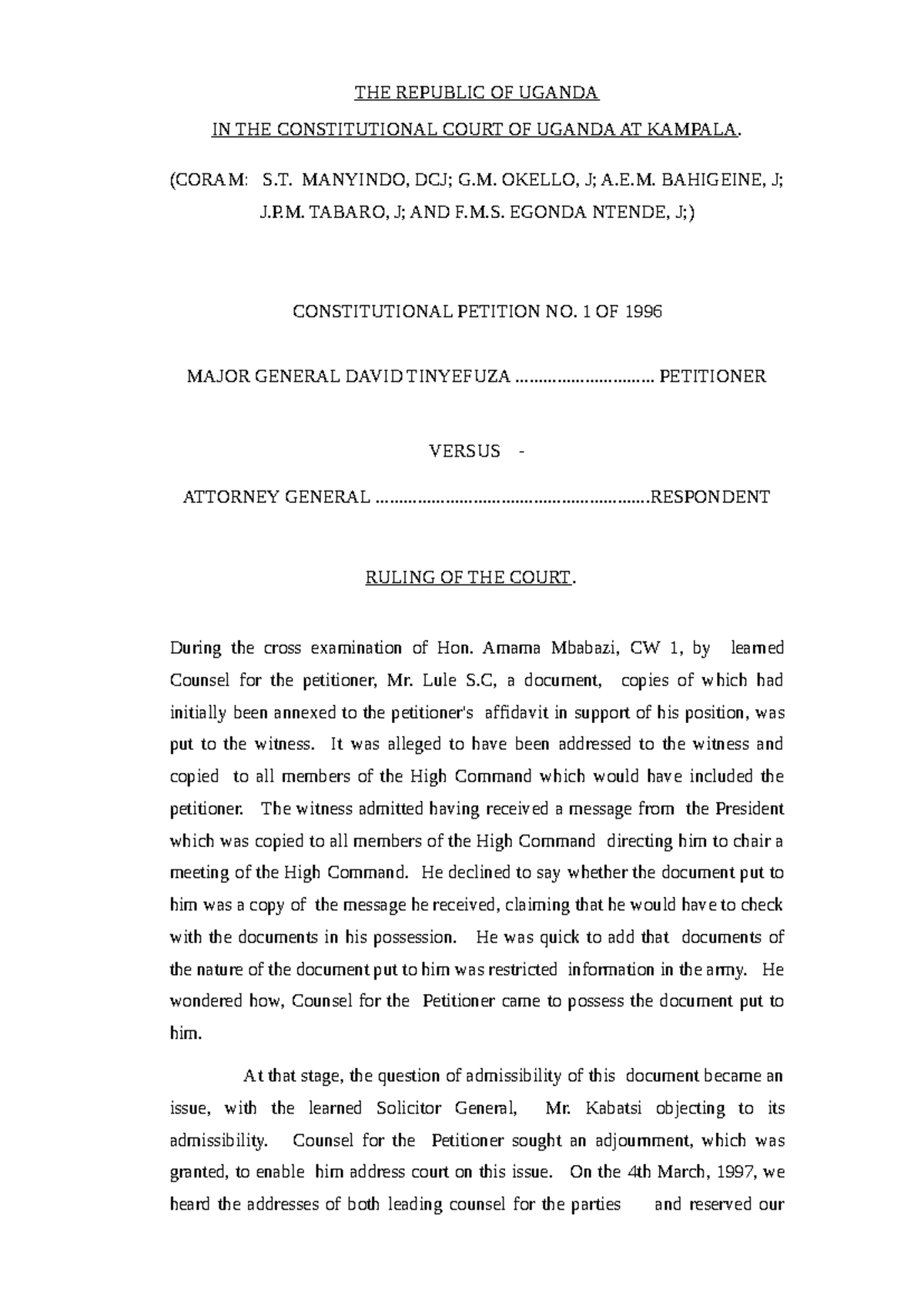 Major general david tinyefuza v attorney general 1997 ugcc 2 5 march ...