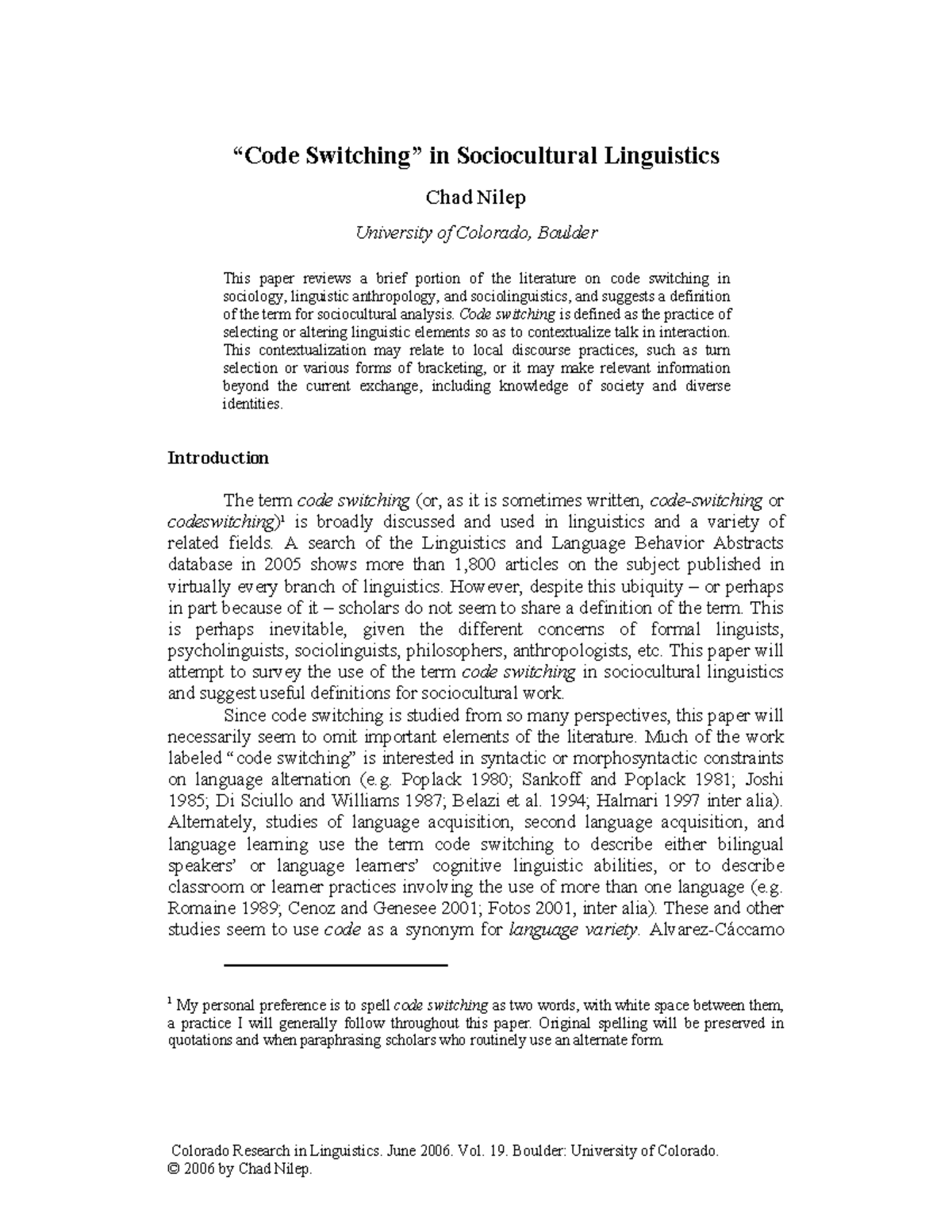 Code switching in sociocultural linguistics - Colorado Research in ...