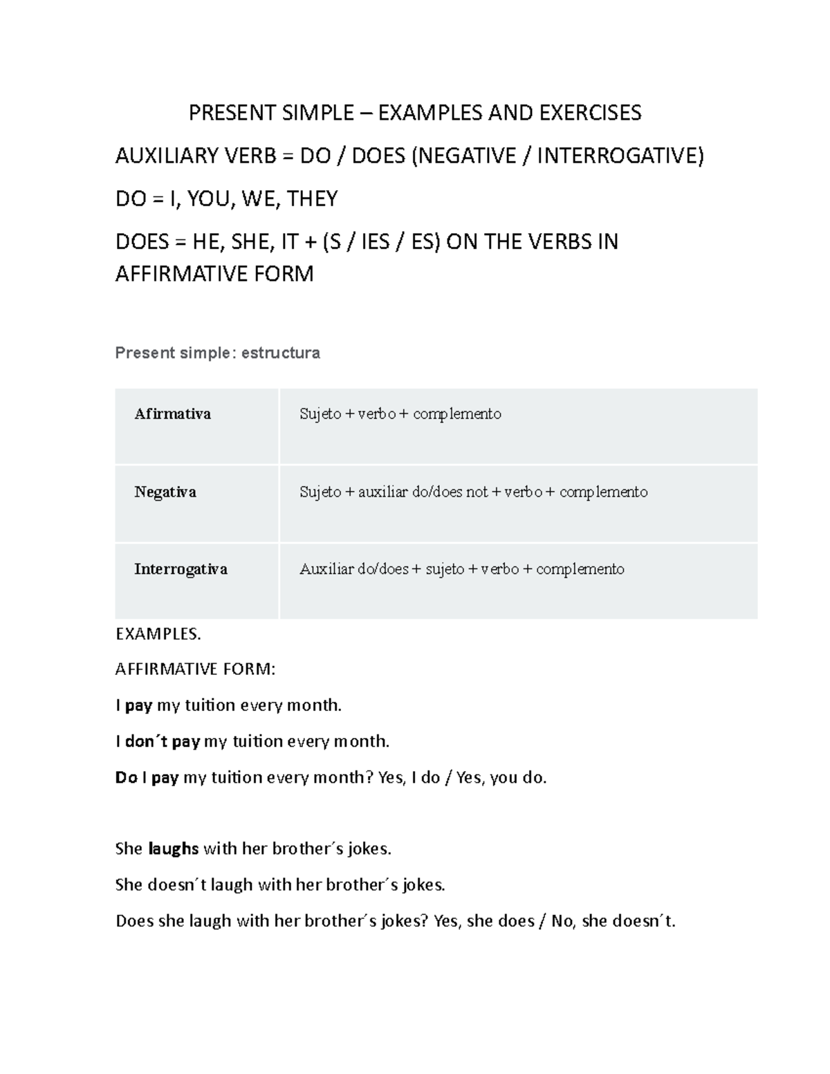 Present Simple - Examples AND Exercises - PRESENT SIMPLE – EXAMPLES AND ...