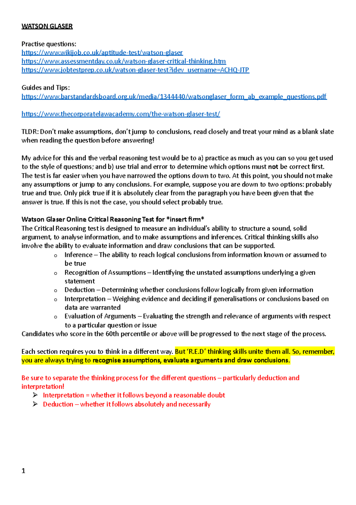 Watson Glaser Test Preparation - WATSON GLASER Practise questions ...