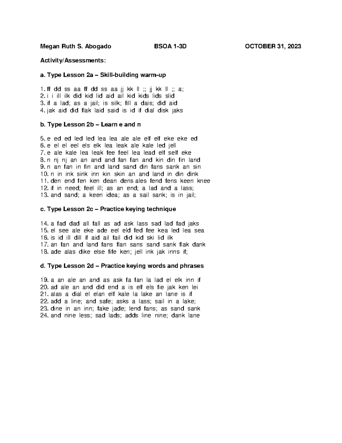 OFAD 101 Activities and Assessment Chapter 2 Getting Ready to Key ...