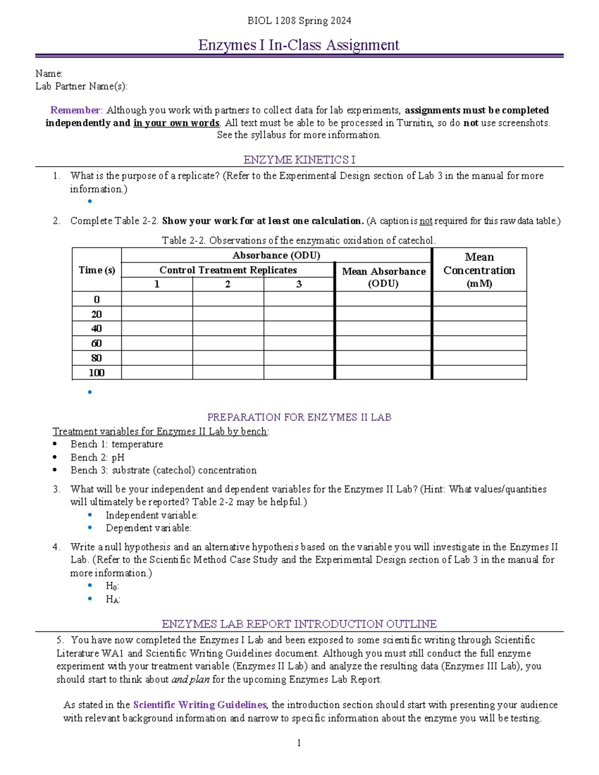 Enzymes I ICA - BIOL 1208 Spring 2024 Enzymes I In-Class Assignment ...