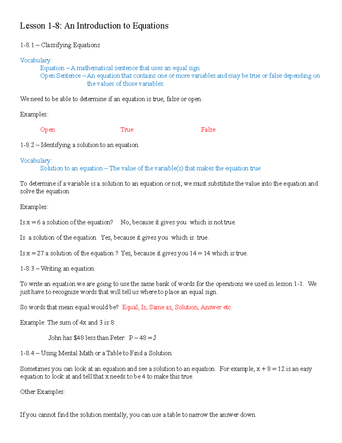 College Algebra Lesson-1-8 - Lesson 1-8: An Introduction to Equations 1 ...