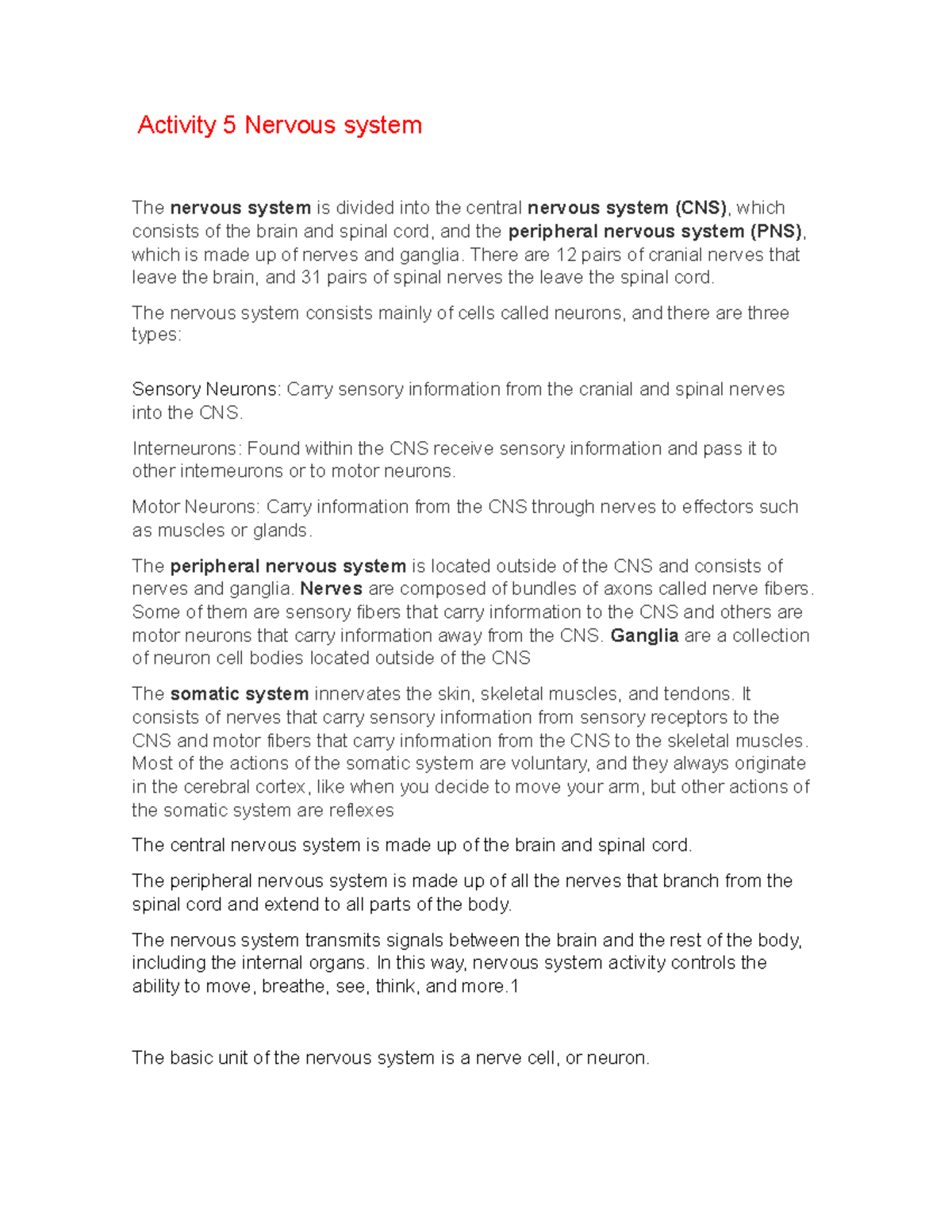 Activity 5 Nervous system hdc - Activity 5 Nervous system The nervous ...