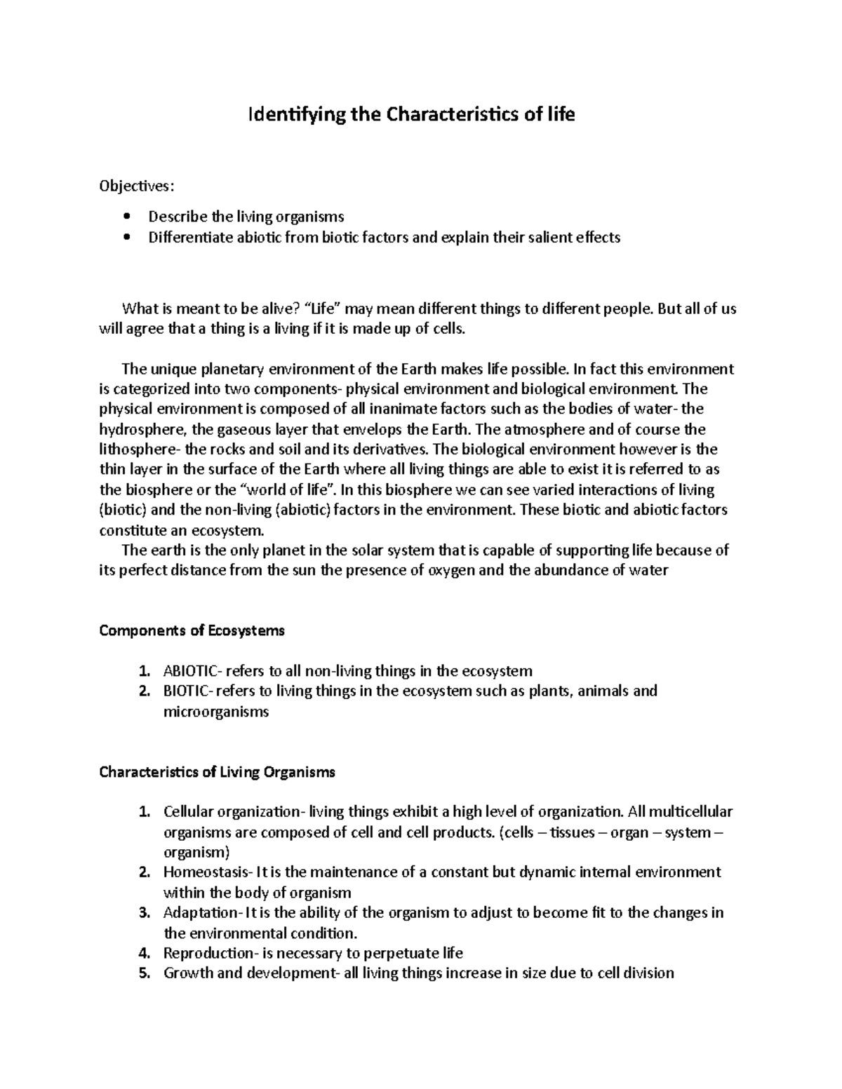 Identifying the Characteristics of life - Identifying the ...