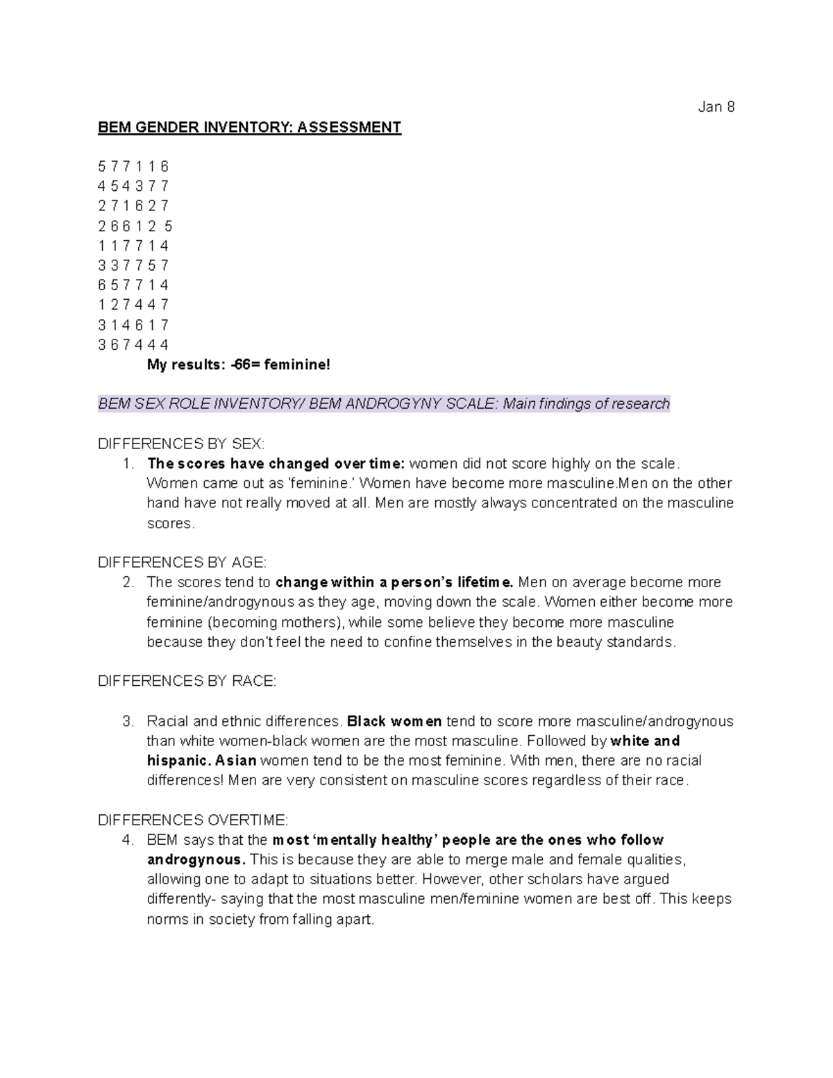 SOC M162 Notes - Jan 8 BEM GENDER INVENTORY: ASSESSMENT 5 7 7 1 1 6 4 5 ...