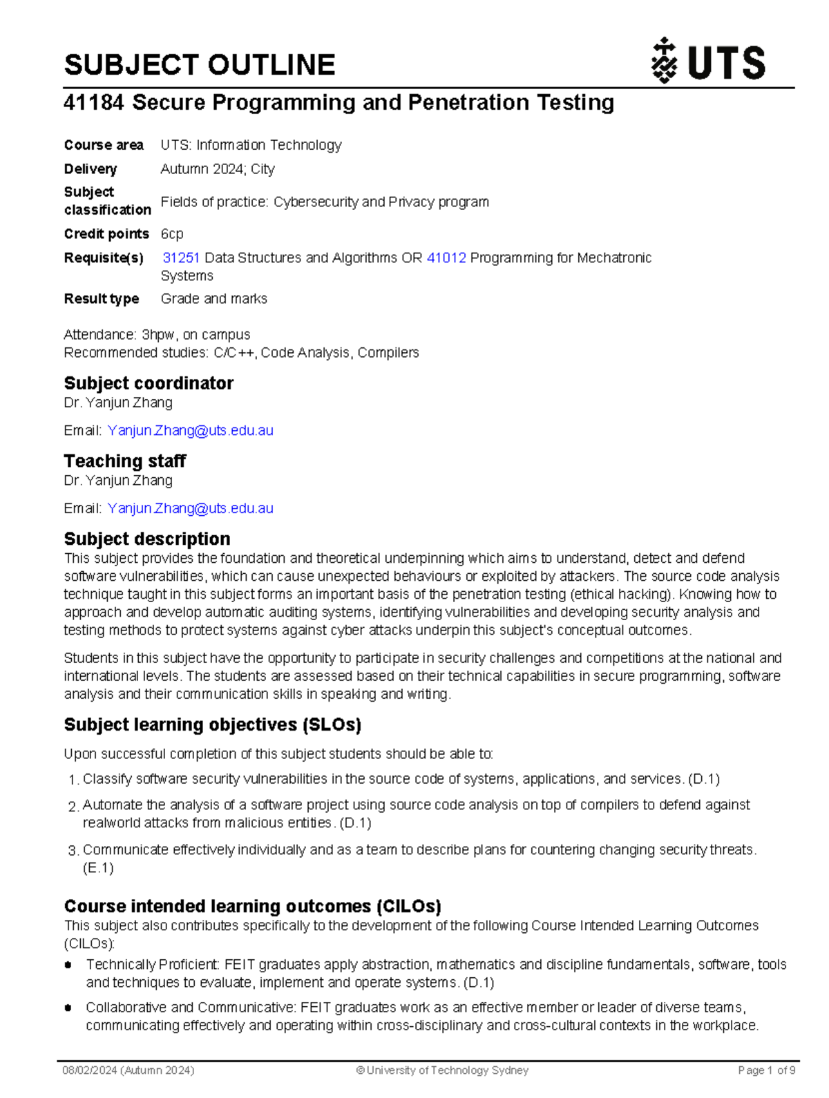 Subject Outline - SUBJECT OUTLINE 41184 Secure Programming and ...