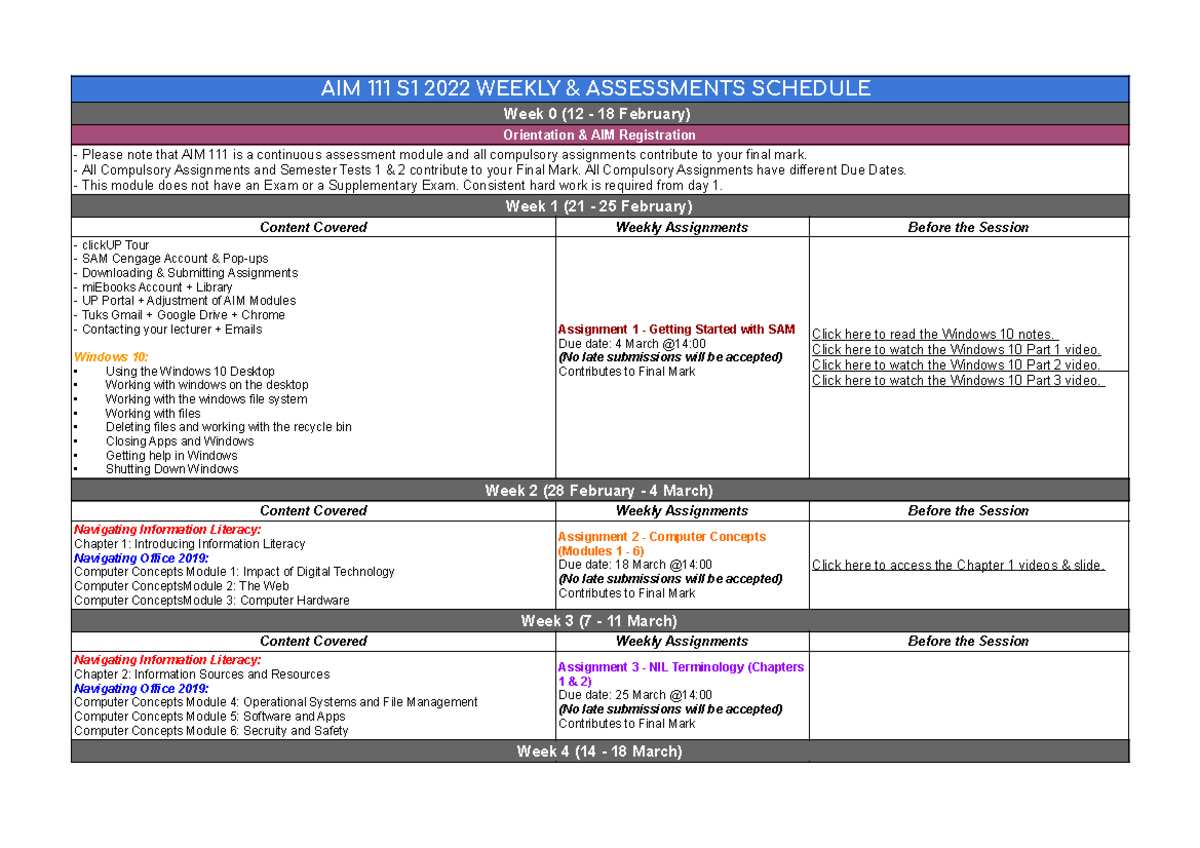 AIM 111 S1 2022 Weekly Assessments Schedule - Weekly Assessments ...