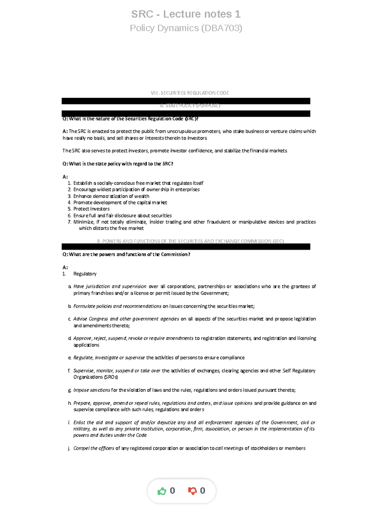 Securities Regulation Code - SRC - Lecture notes 1 Policy Dynamics ...