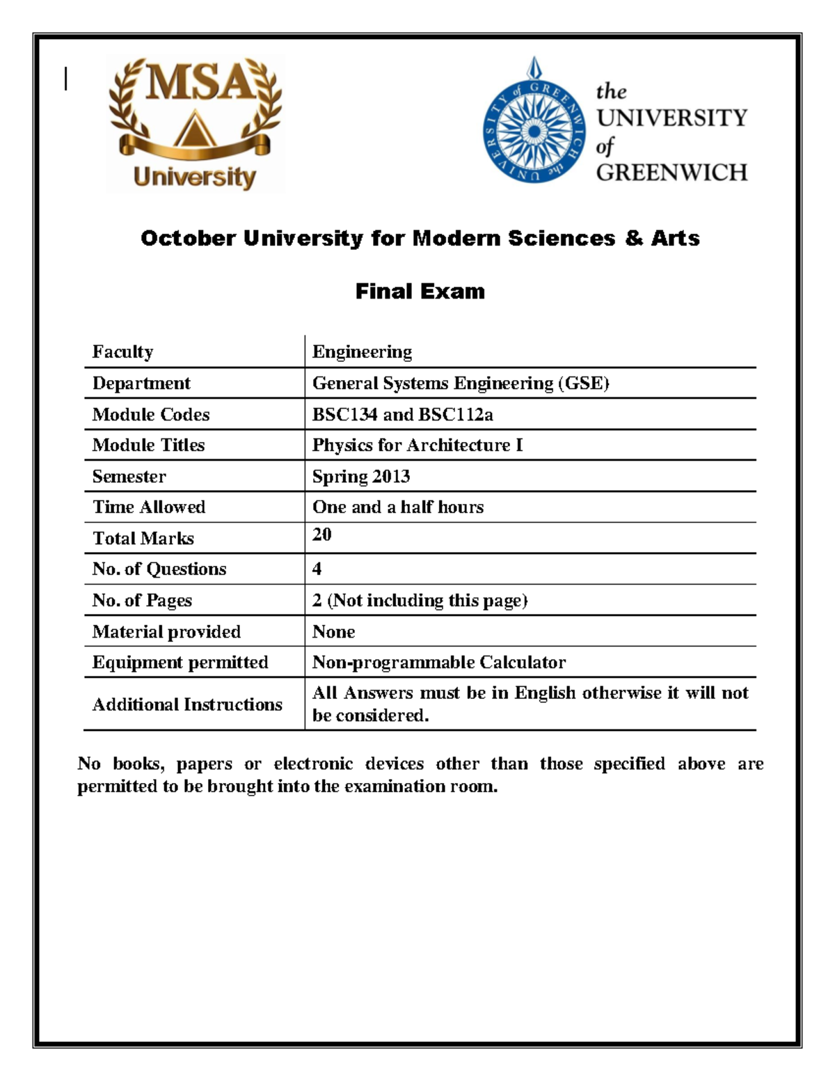 Mid Term exam - Spring 2013 - October University for Modern Sciences & Arts Final Exam Faculty ...