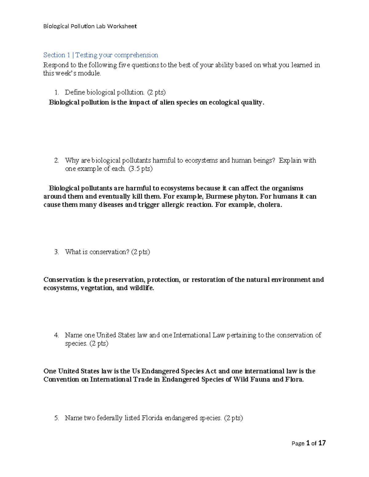 Biological Pollution Worksheet - Section 1 | Testing your comprehension ...