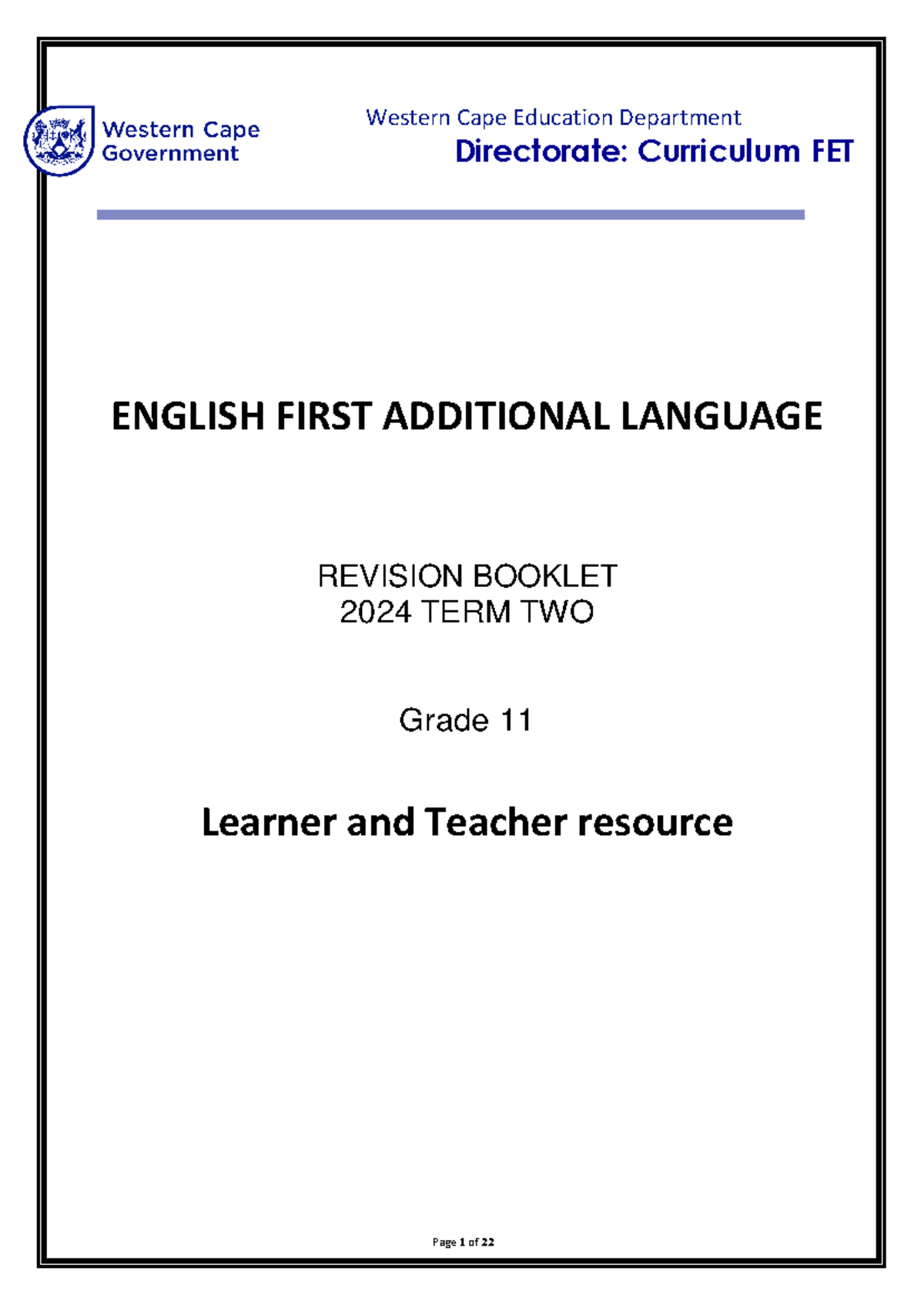 English FAL Grade 11 Revision Term 2 2024 - Western Cape Education ...