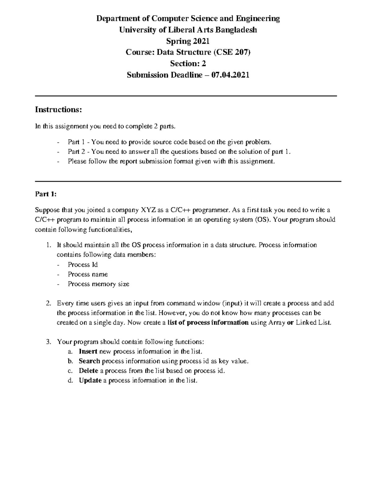Assignemnt - ... - Department of Computer Science and Engineering University of Liberal Arts ...