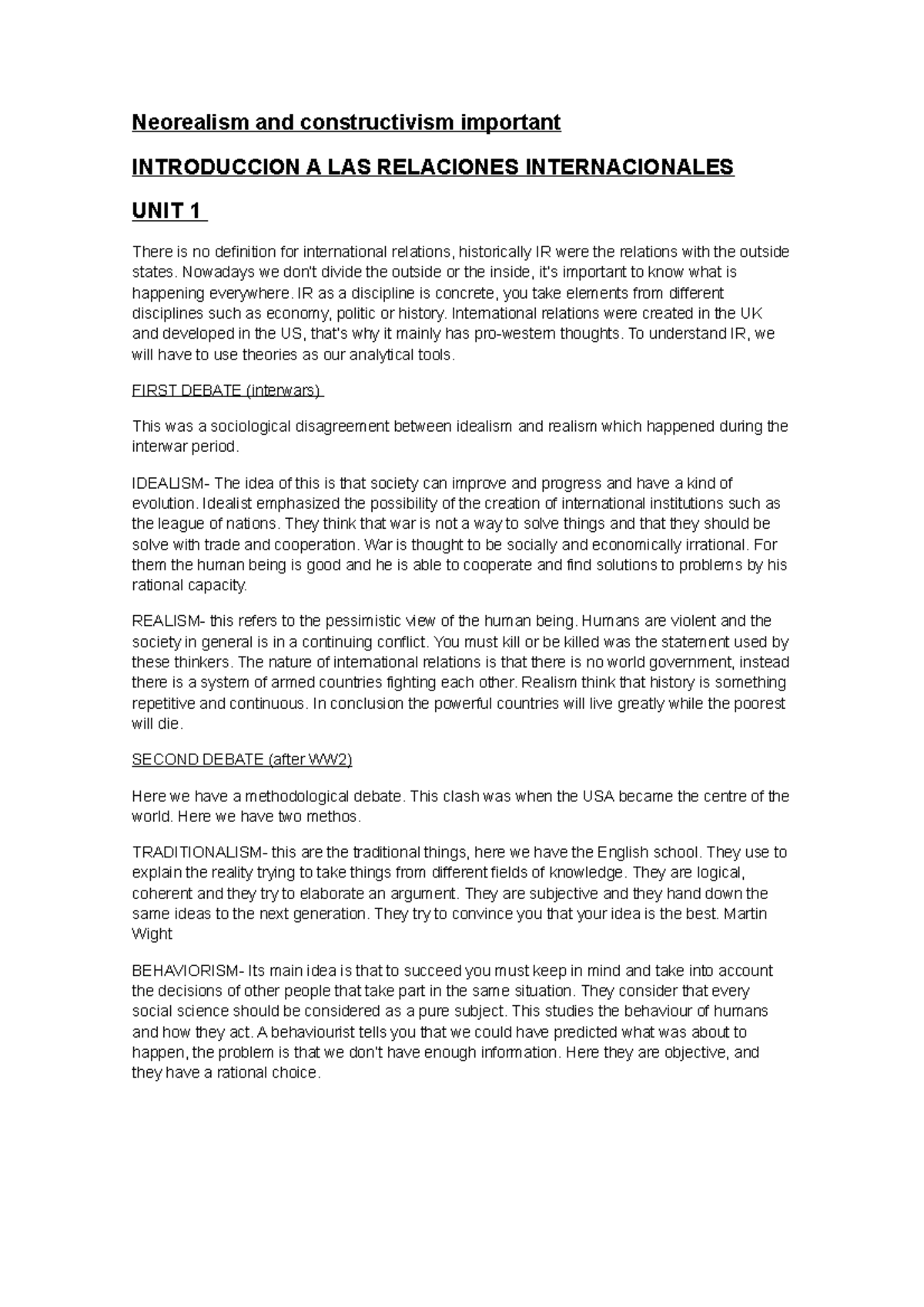 Introduccion RRII - Lecture notes - Neorealism and constructivism ...