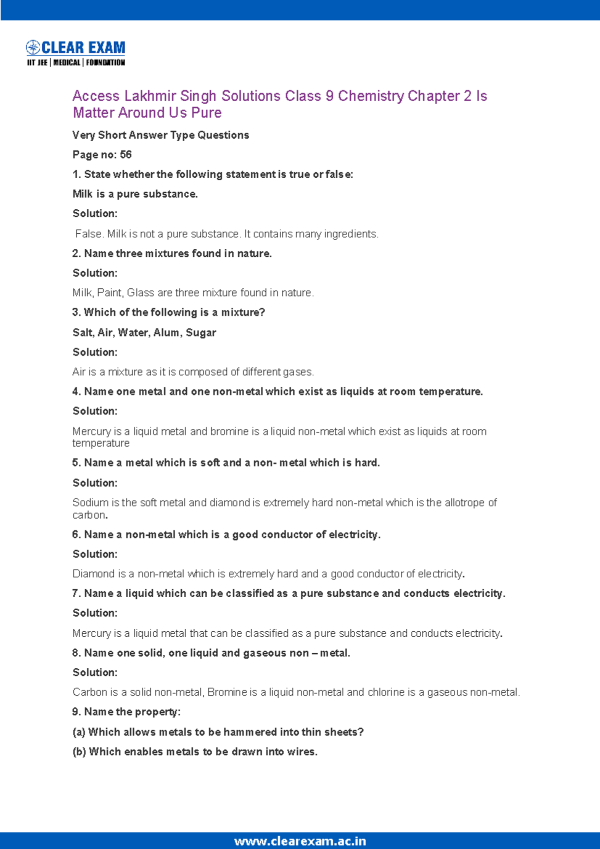 Access Lakhmir Singh Solutions Class 9 Chemistry Chapter 2 Is Matter ...