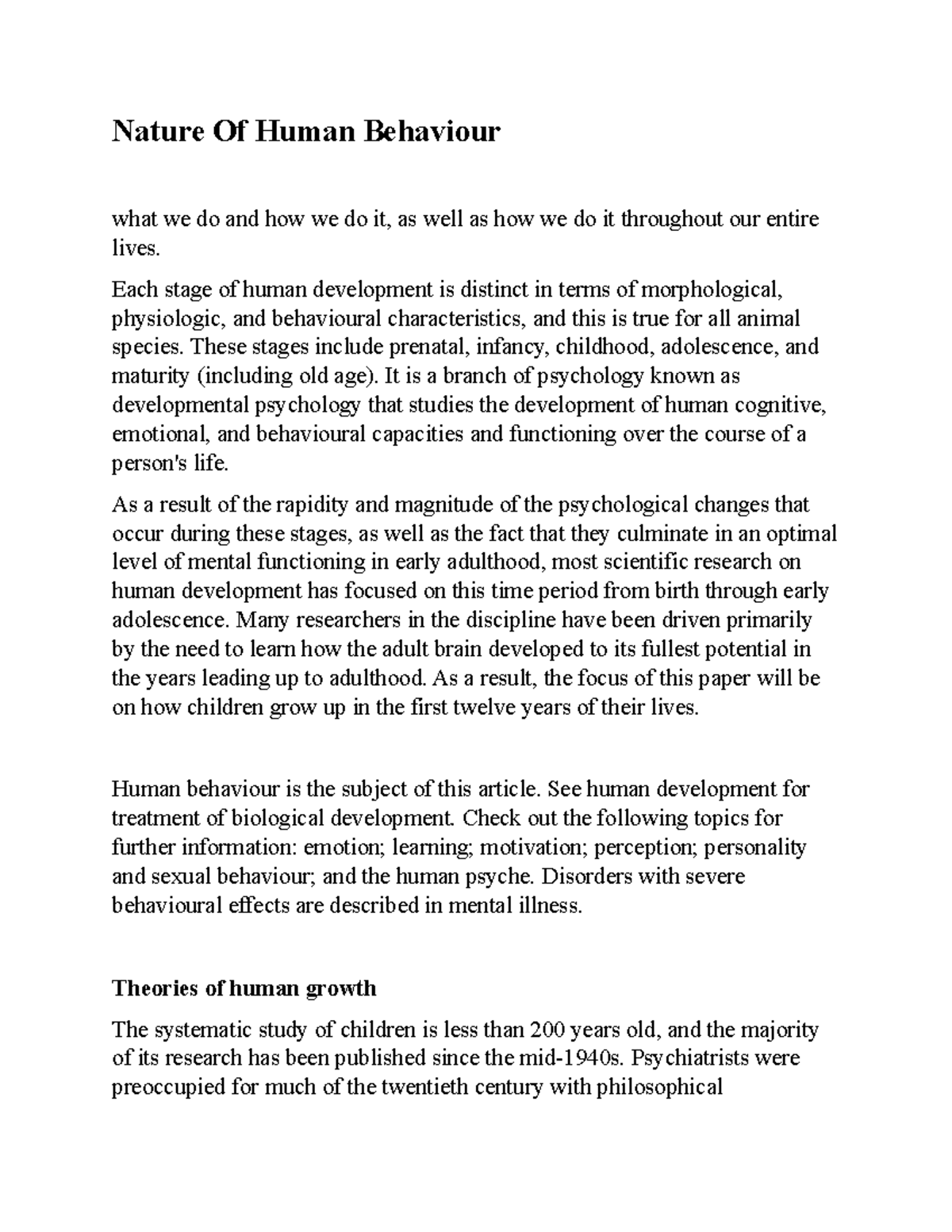 Nature Of Human Behaviour - Each stage of human development is distinct ...