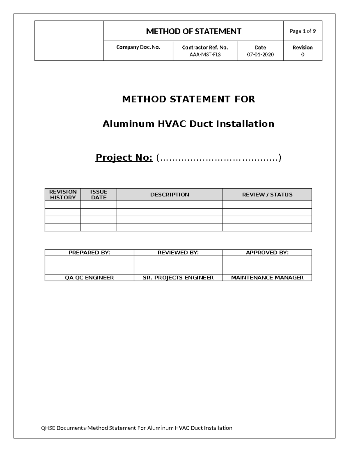 Aluminium HVAC Duct Installation Method Statement - Company Doc. No ...