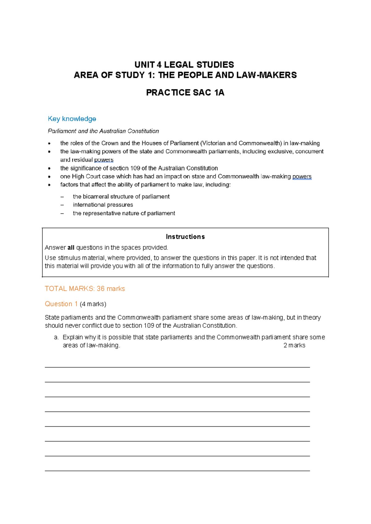 legal studies Unit 4 - area of study 1 Prac SAC - UNIT 4 LEGAL STUDIES ...