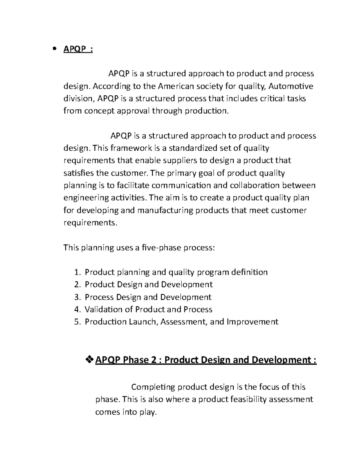 APQP - assignment 2 - APQP : APQP is a structured approach to product ...