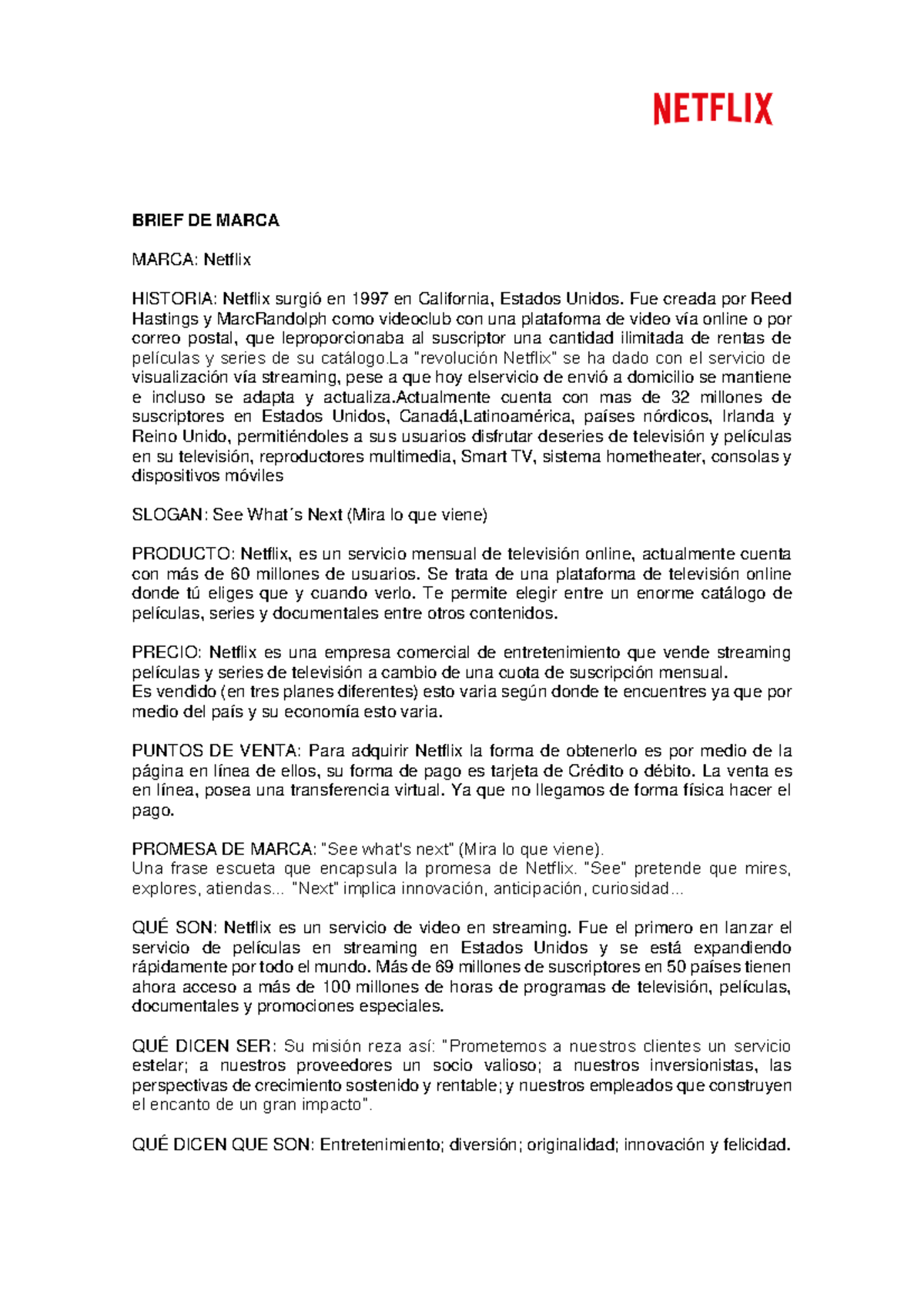 Ejemplo Brief DE Marca Netflix - BRIEF DE MARCA MARCA: Netflix HISTORIA ...