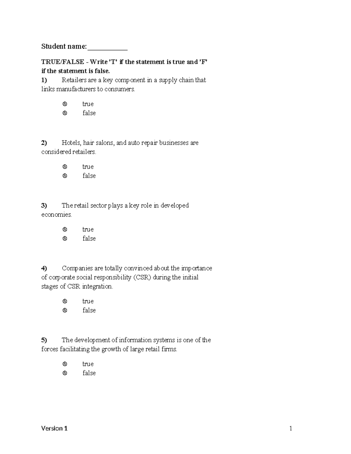 Unnamed Test01 version 1 - Student name:__________ TRUE/FALSE - Write ...