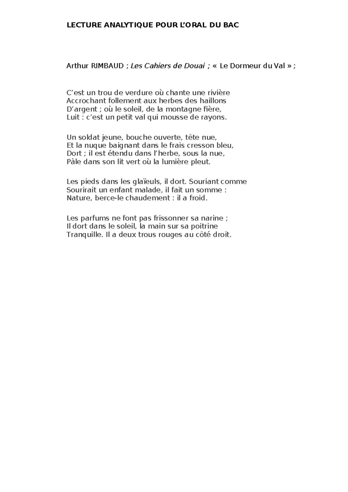 Le dormeur du val lecture analytique - LECTURE ANALYTIQUE POUR L’ORAL ...