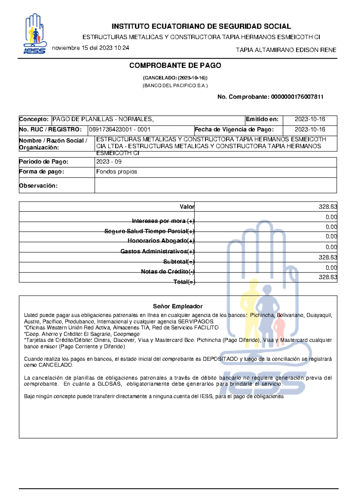Comprobante DE PAGO IESS Esmeicoth - INSTITUTO ECUATORIANO DE SEGURIDAD ...
