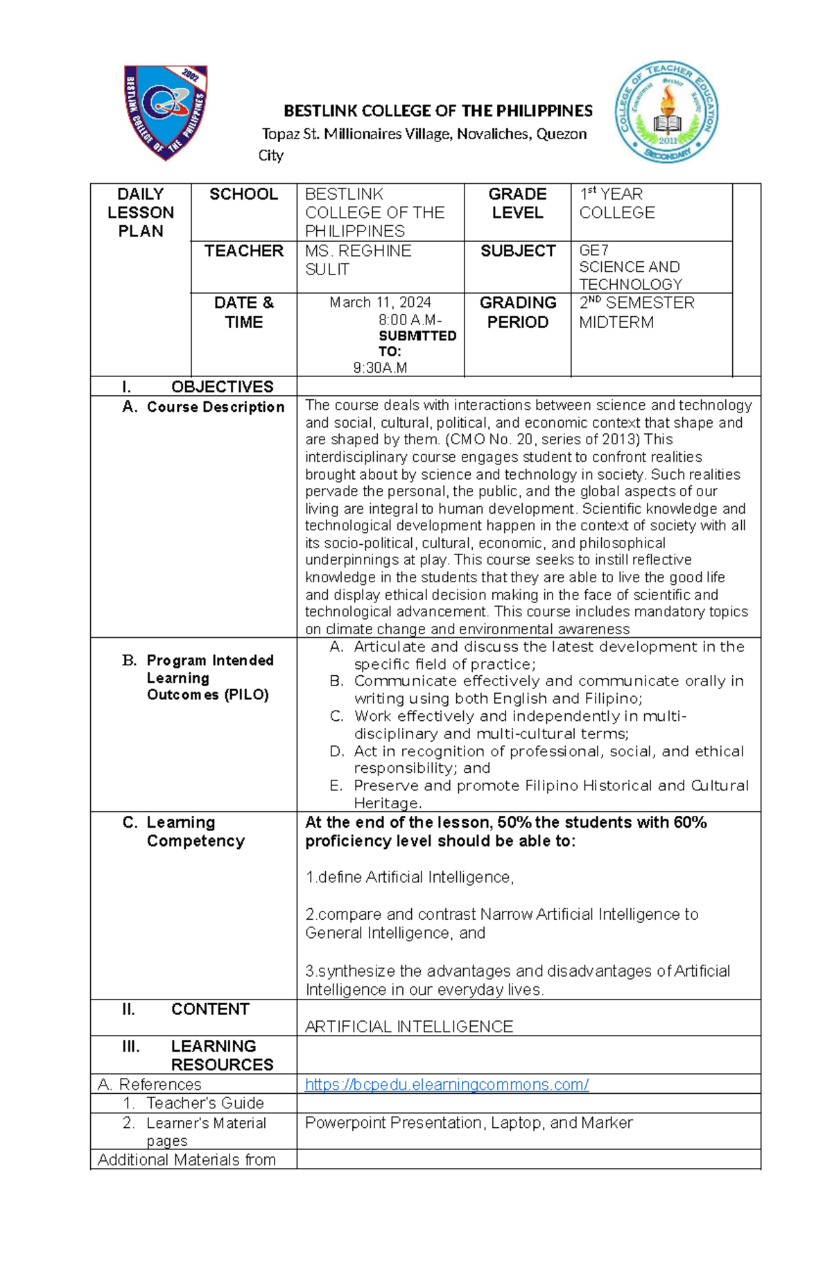 Lesson plan 7es in artificial intelligence(Final na talaga 2 ...