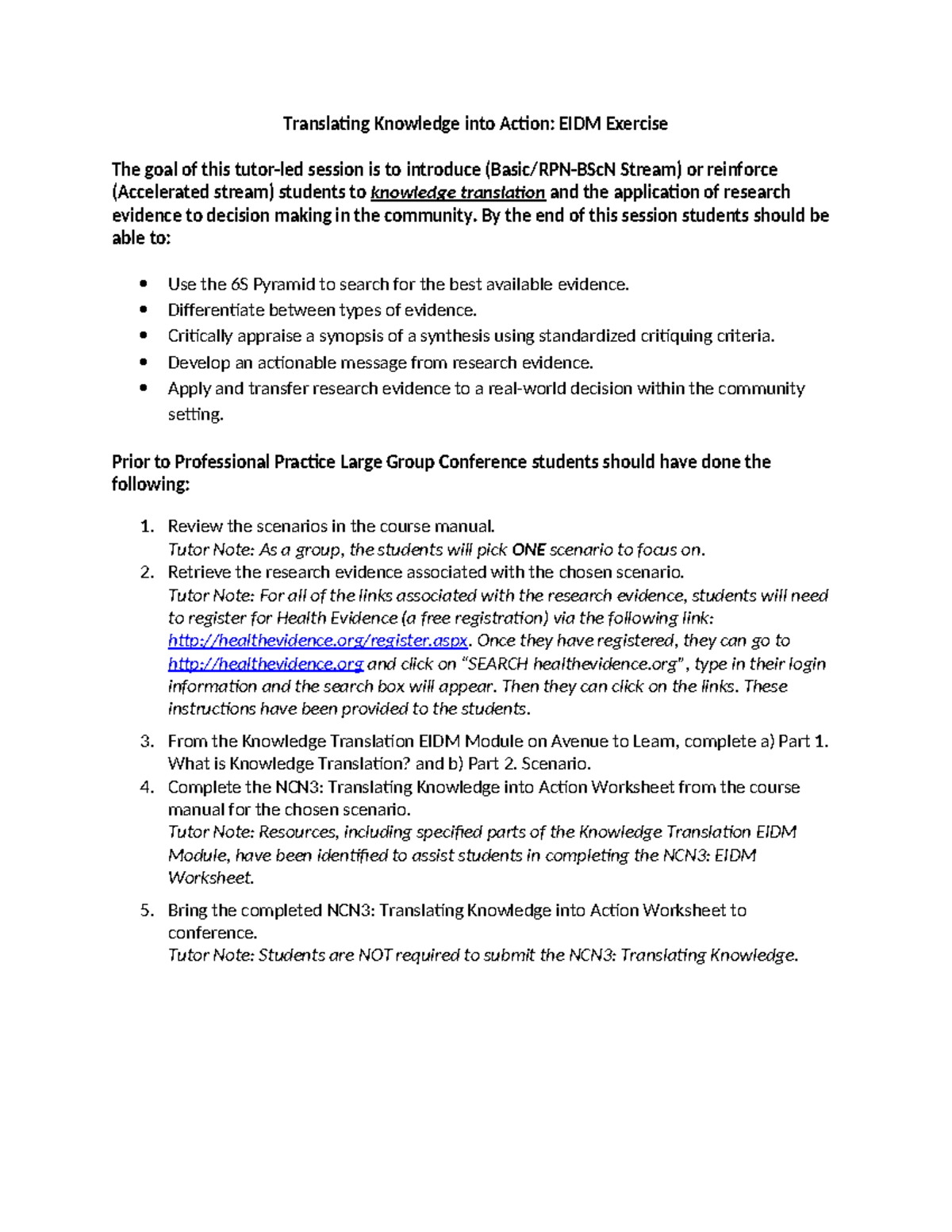 Case Scenario Translating Knowledge into Action - Translating Knowledge into Action: EIDM ...