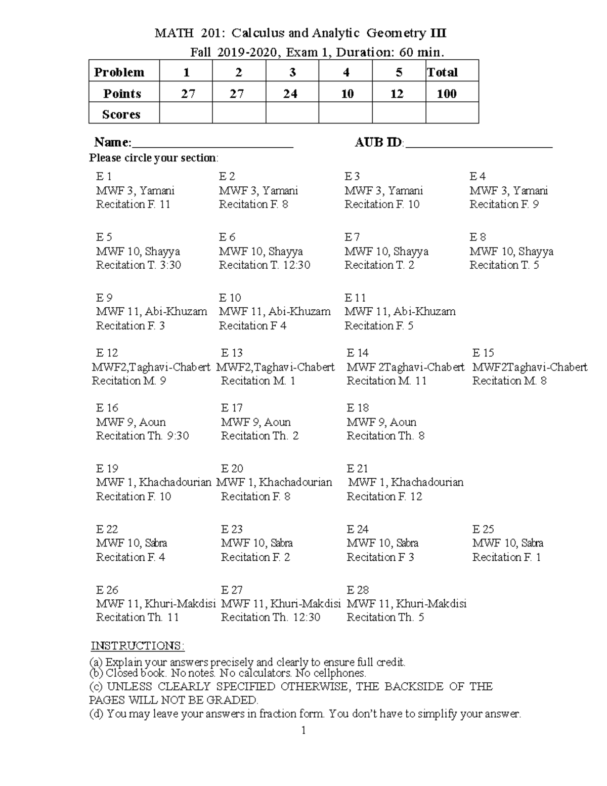 Quiz1 Fall 2019 - prev - MATH 201: Calculus and Analytic Geometry III ...