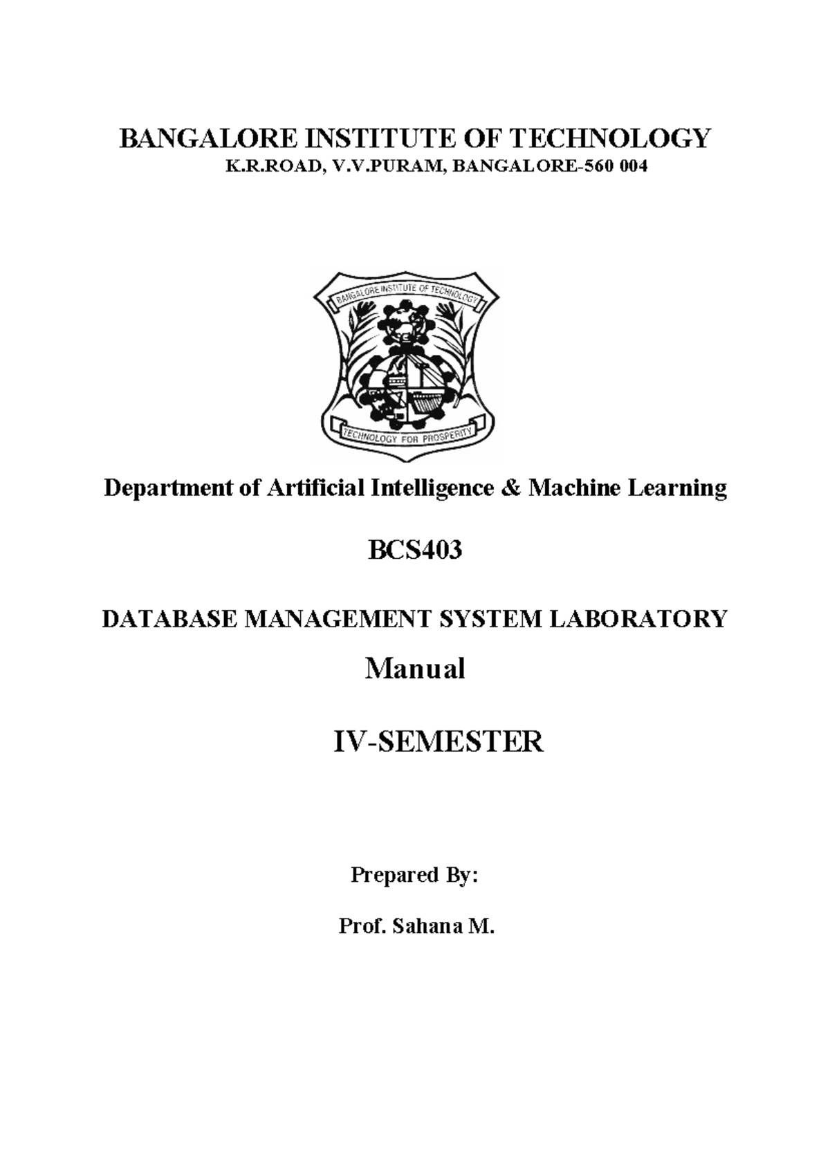 DBMS Manual - BANGALORE INSTITUTE OF TECHNOLOGY K.R, V.V, BANGALORE-560 ...