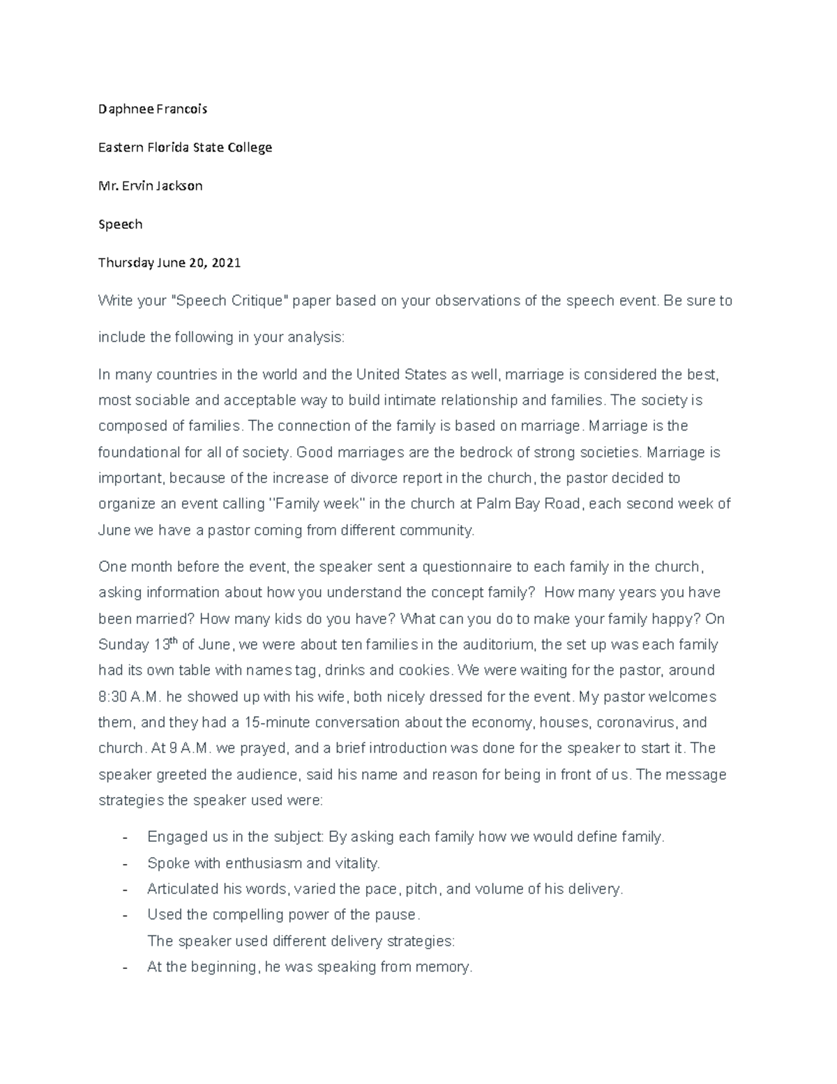 Speech - notes - Daphnee Francois Eastern Florida State College Mr ...