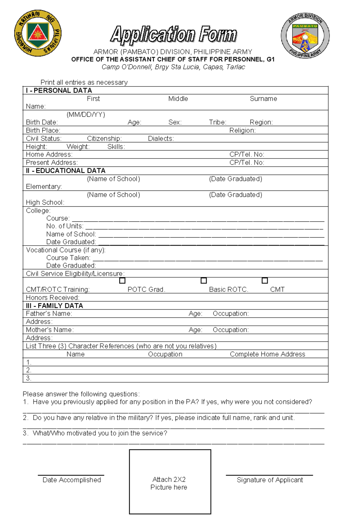 Armor CSC Aplication Form and checklist - ARMOR (PAMBATO) DIVISION ...