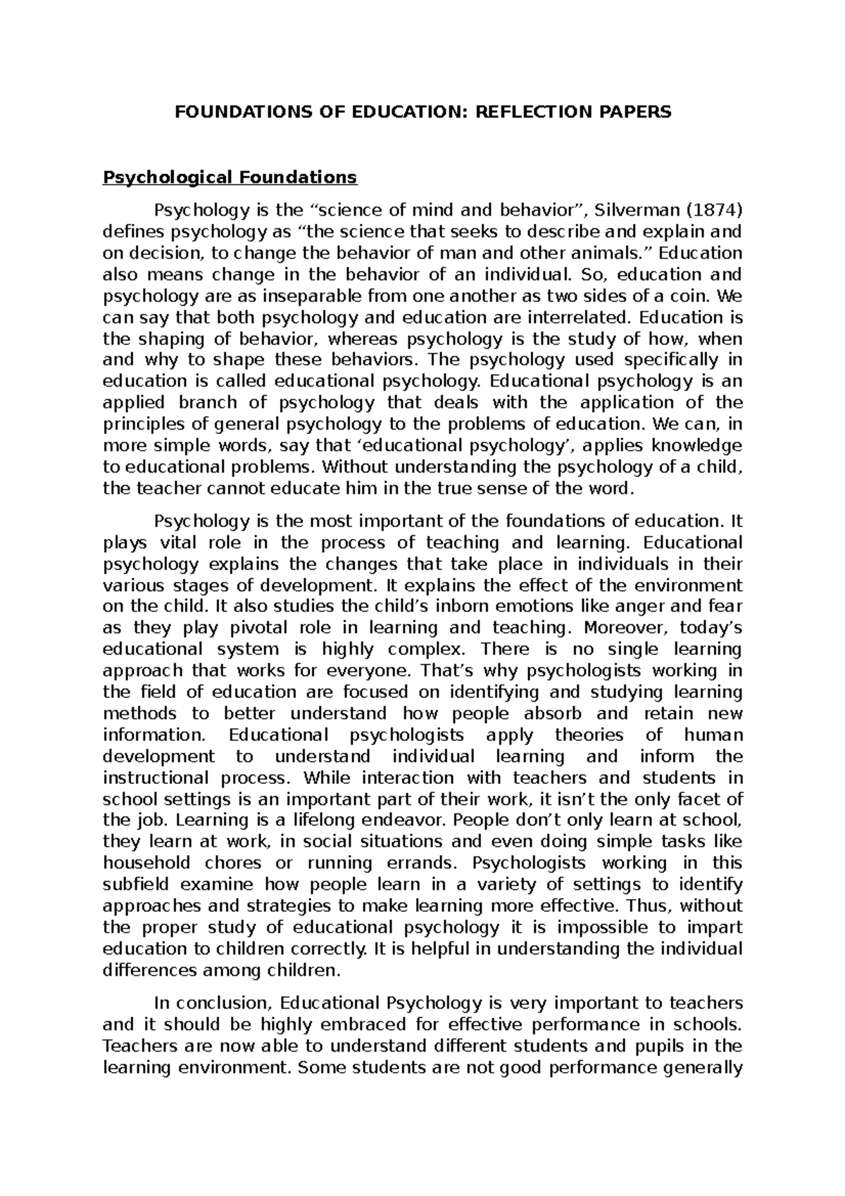 Foundations OF Education Reflection Papers (MA'AM Asher) - FOUNDATIONS OF EDUCATION: REFLECTION ...