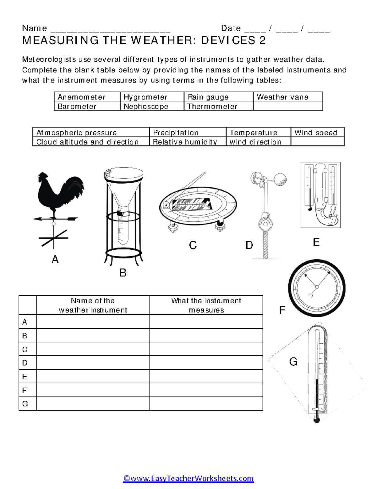 Measure Weather Instruments Print - Name ______________________ Date
