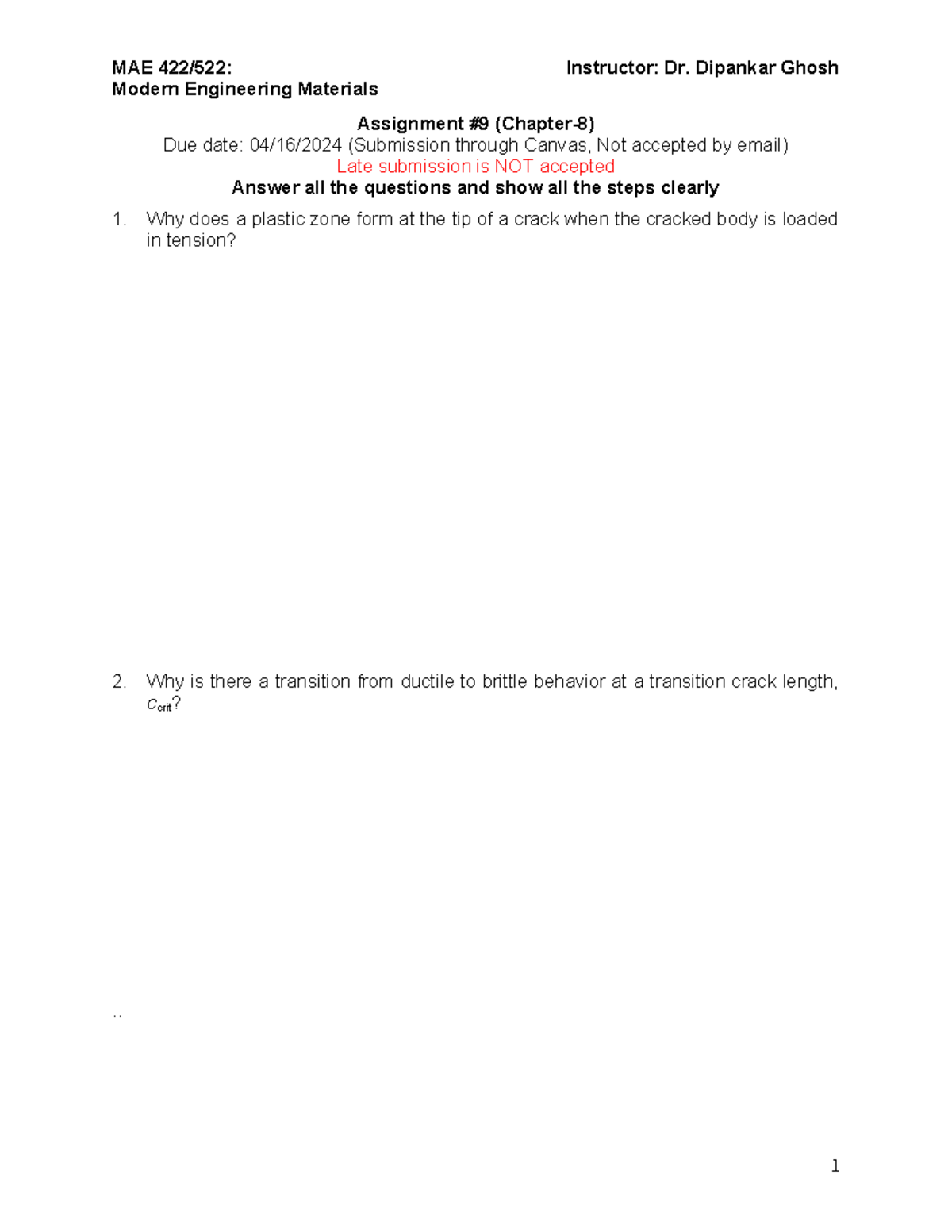 Assignment#9 Chapter-8 MAE422-522-1 - Modern Engineering Materials Assignment #9 (Chapter-8) Due ...