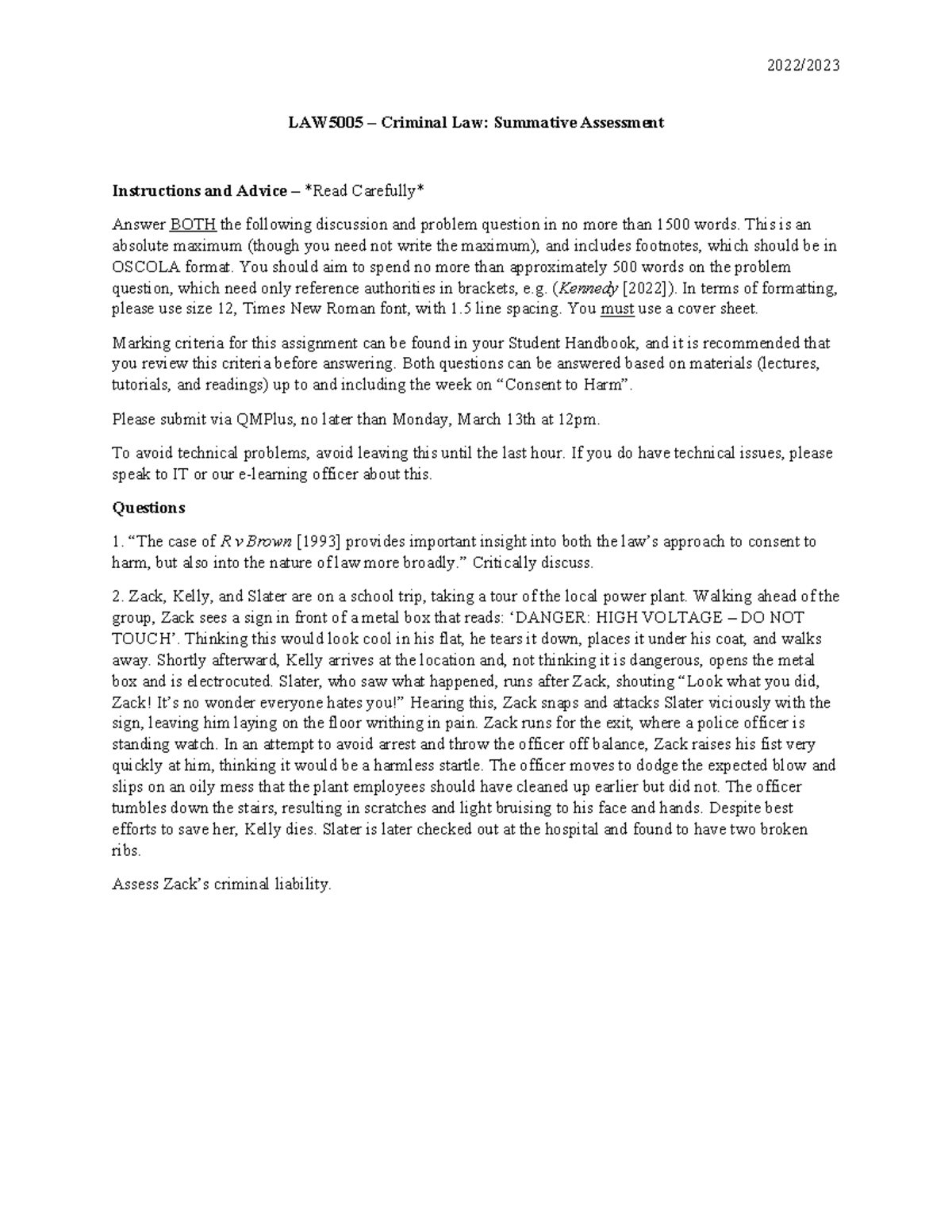 LAW5005 Summative Assignment - March 2023 - Finalv 2 - 2022/ LAW5005 ...