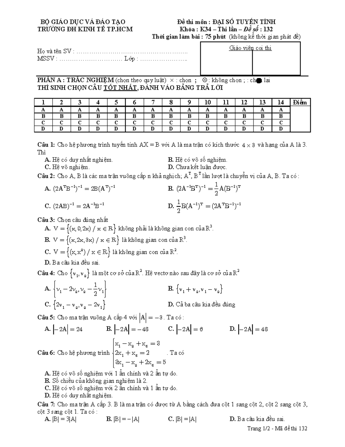 [123doc] - de-thi-dai-so-tuyen-tinh-trac-nghiem - Trang 1/2 - Mã đề thi 132 BỘ GIÁO DỤC VÀ ĐÀO ...