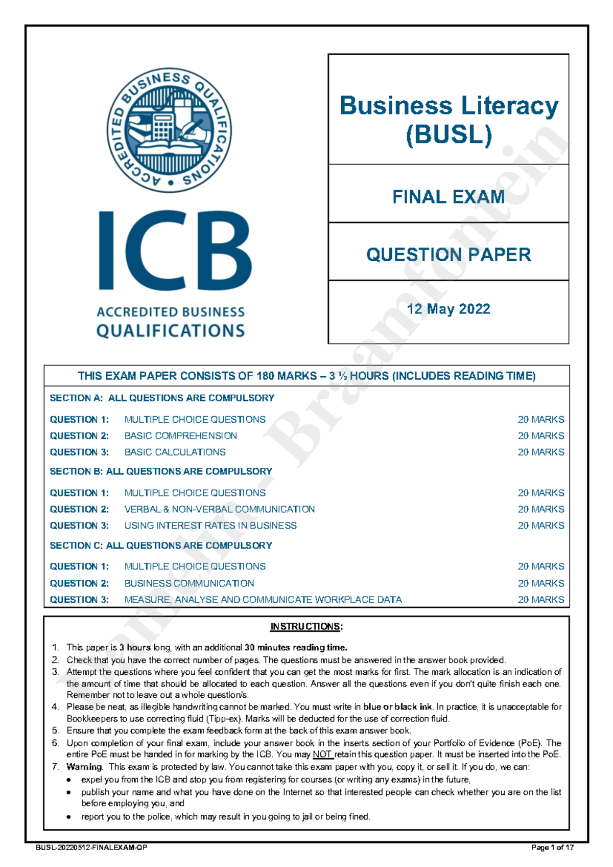 BUSL 20220512 Finalexam QP - Business Literacy (BUSL) FINAL EXAM ...
