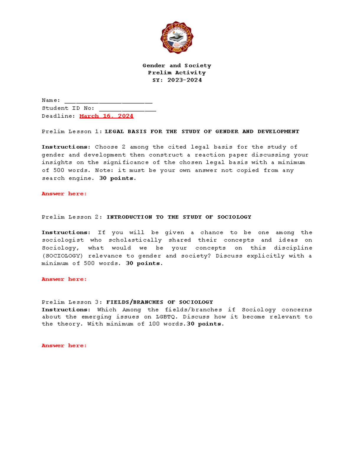 Prelim Activity Gen Soc - Gender and Society Prelim Activity SY: 2023 ...