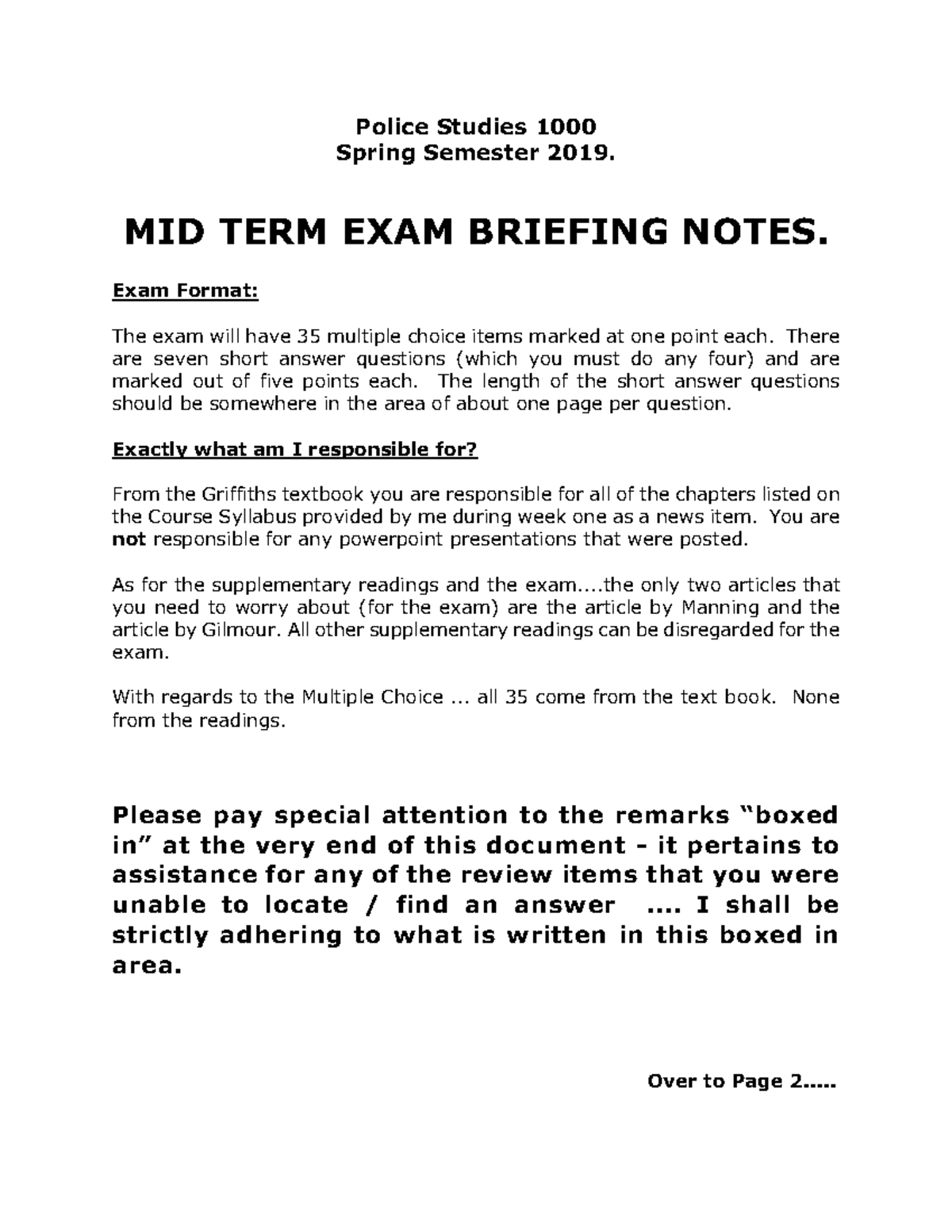 Midterm 2018, questions - Police Studies 1000 Spring Semester 2019. MID ...