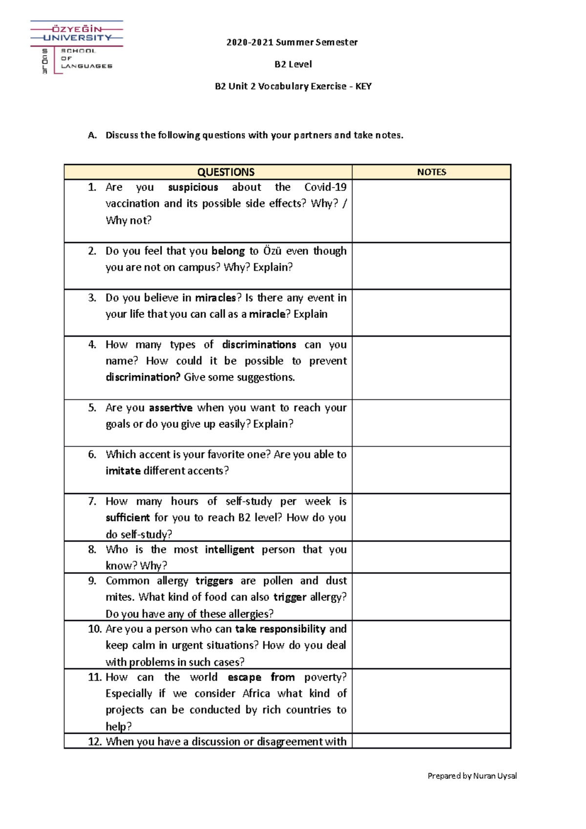 B2 Unit 2 Vocabulary Exercise- KEY - B2 Level B2 Unit 2 Vocabulary ...