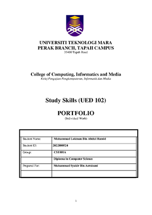 EXAMPLE OF E-PORTFOLIO UED102 - UNIVERSITI TEKNOLOGI MARA (UiTM) Branch Perak Campus Tapah UED ...