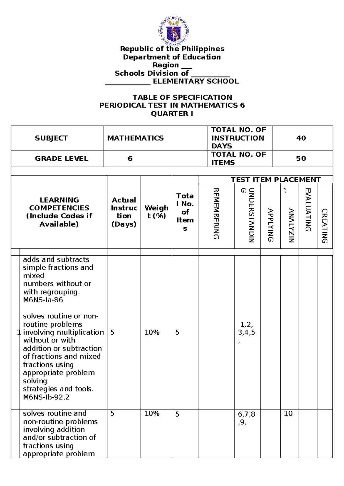 G6- Periodical TEST IN MATH Q1 - Republic of the Philippines Department ...