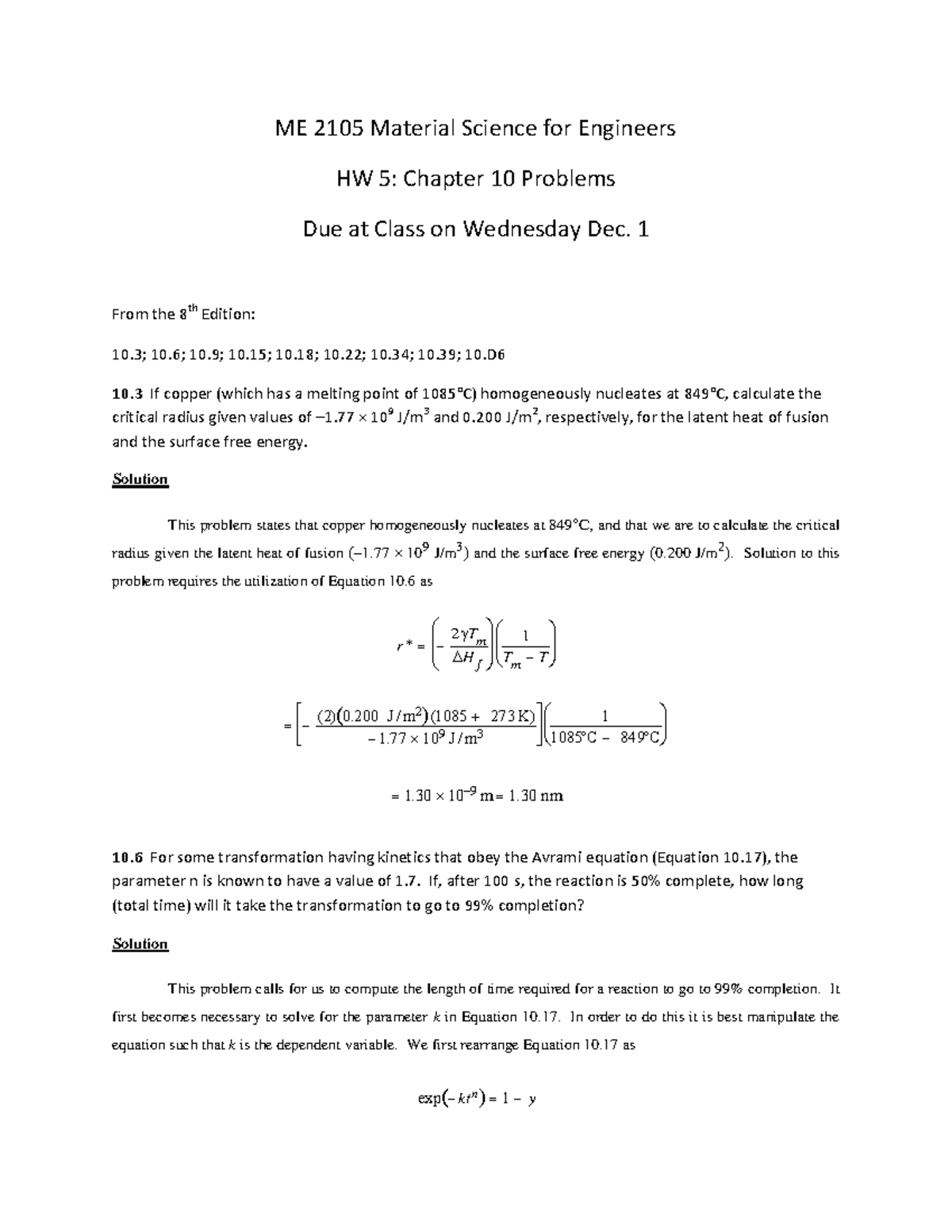 Idoc - materials science - ME 2105 Material Science for Engineers HW 5: Chapter 10 Problems Due ...