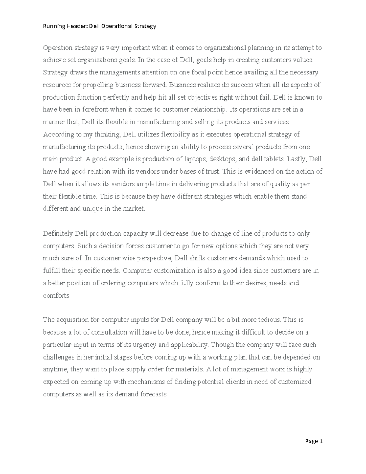 Discussion on Dell - Running Header: Dell Operational Strategy ...
