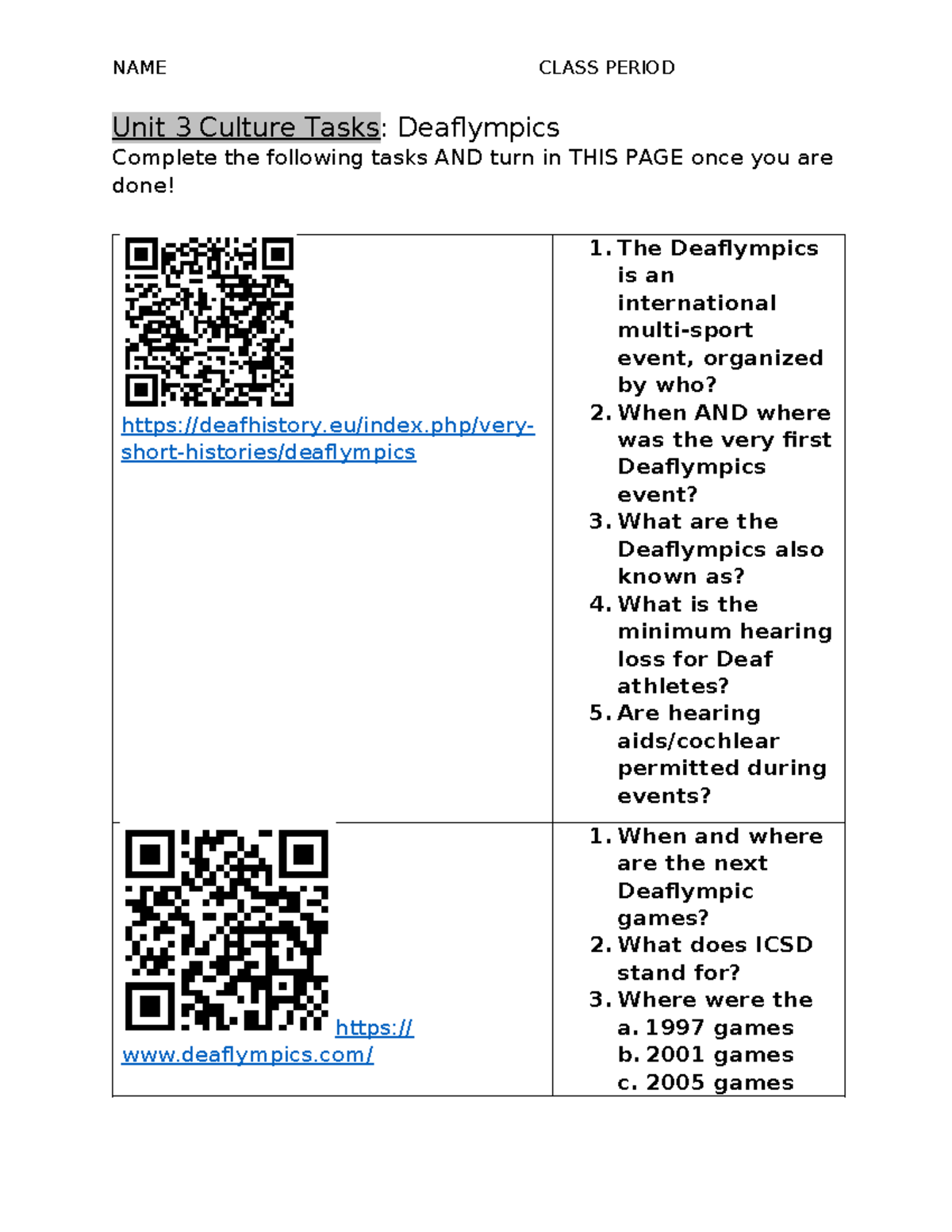 Copy of Deaflympics - NAME CLASS PERIOD Unit 3 Culture Tasks ...