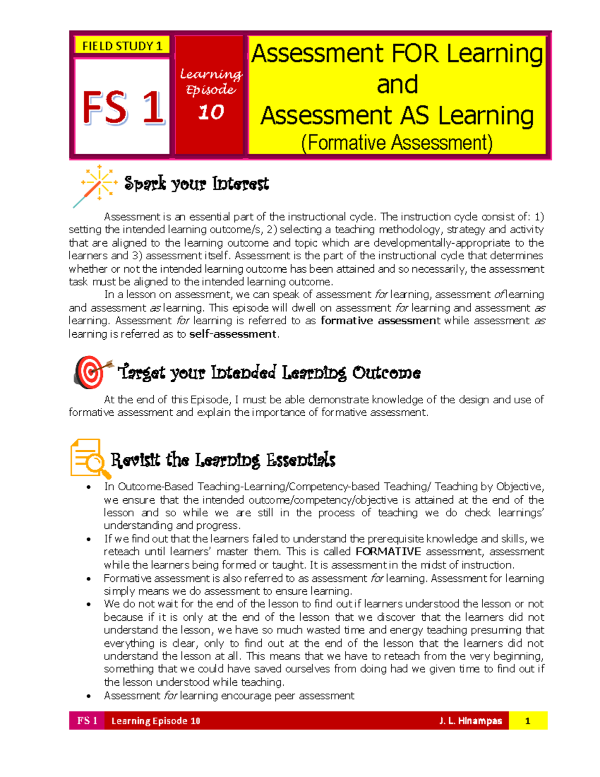 FS 1 Learning Episode 10 1st sem 2023 - Assessment is an essential part ...