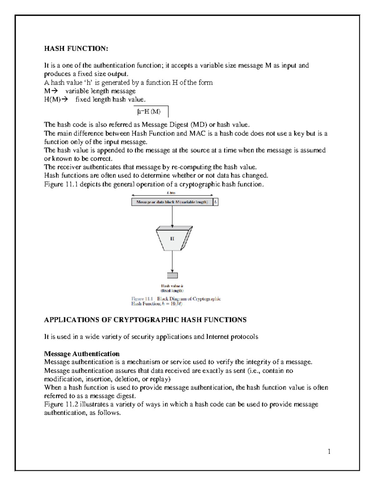 UNIT-4 - Unit 4 - HASH FUNCTION: It is a one of the authentication ...